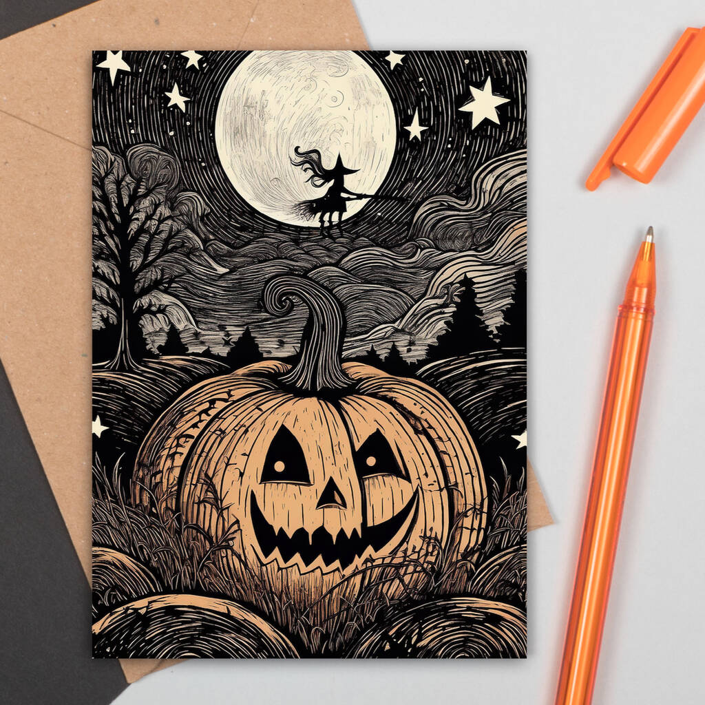 Large Size Linocut Style Halloween Pumpkin Card By Adam Regester Design