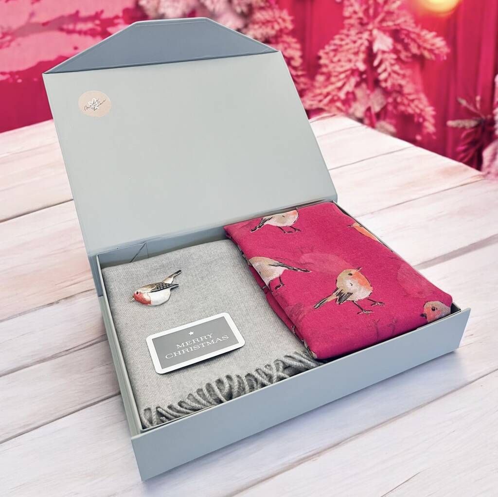 Gift Boxed Grey Winter Scarf And Fuchsia Robin Scarf Set By My Posh Shop