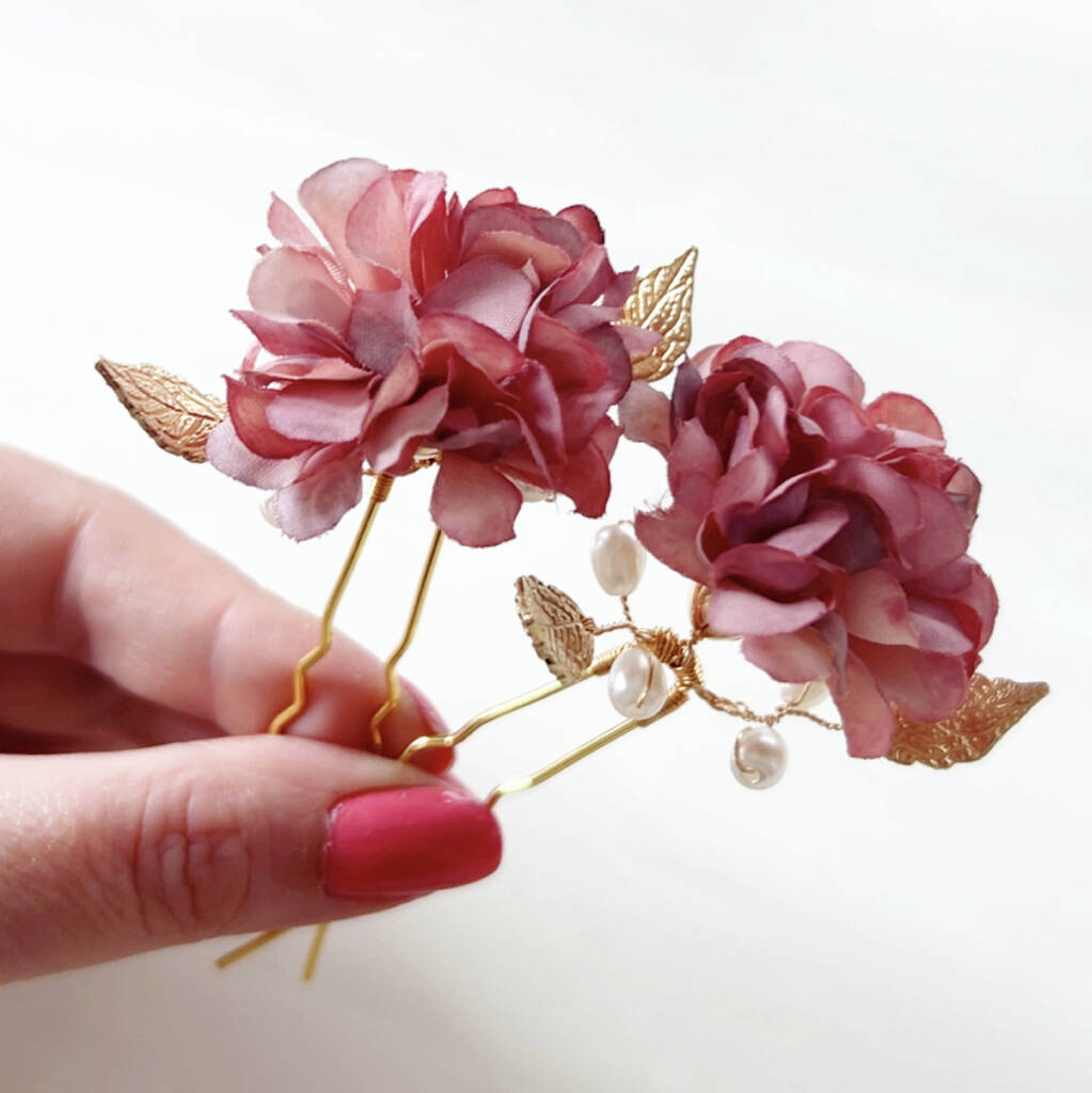 Dark Pink Floral Hair Pins By Petal & Pearl Accessories