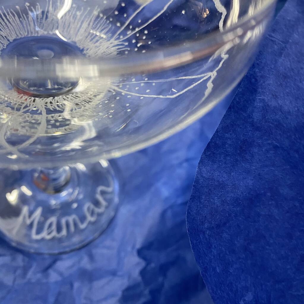 Personalised Coupe Glasses With Engraved Flower Motif By The Corbeau Press