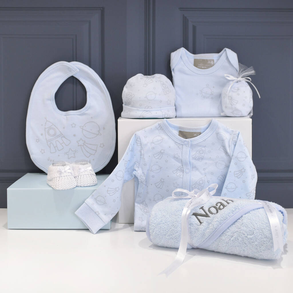 Personalised Blue Baby Towel And Blue Baby Gift Set By A Type Of Design