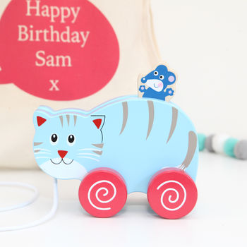 Pull Along Cat And Mouse Toy With Personalised Bag By Red Berry Apple ...