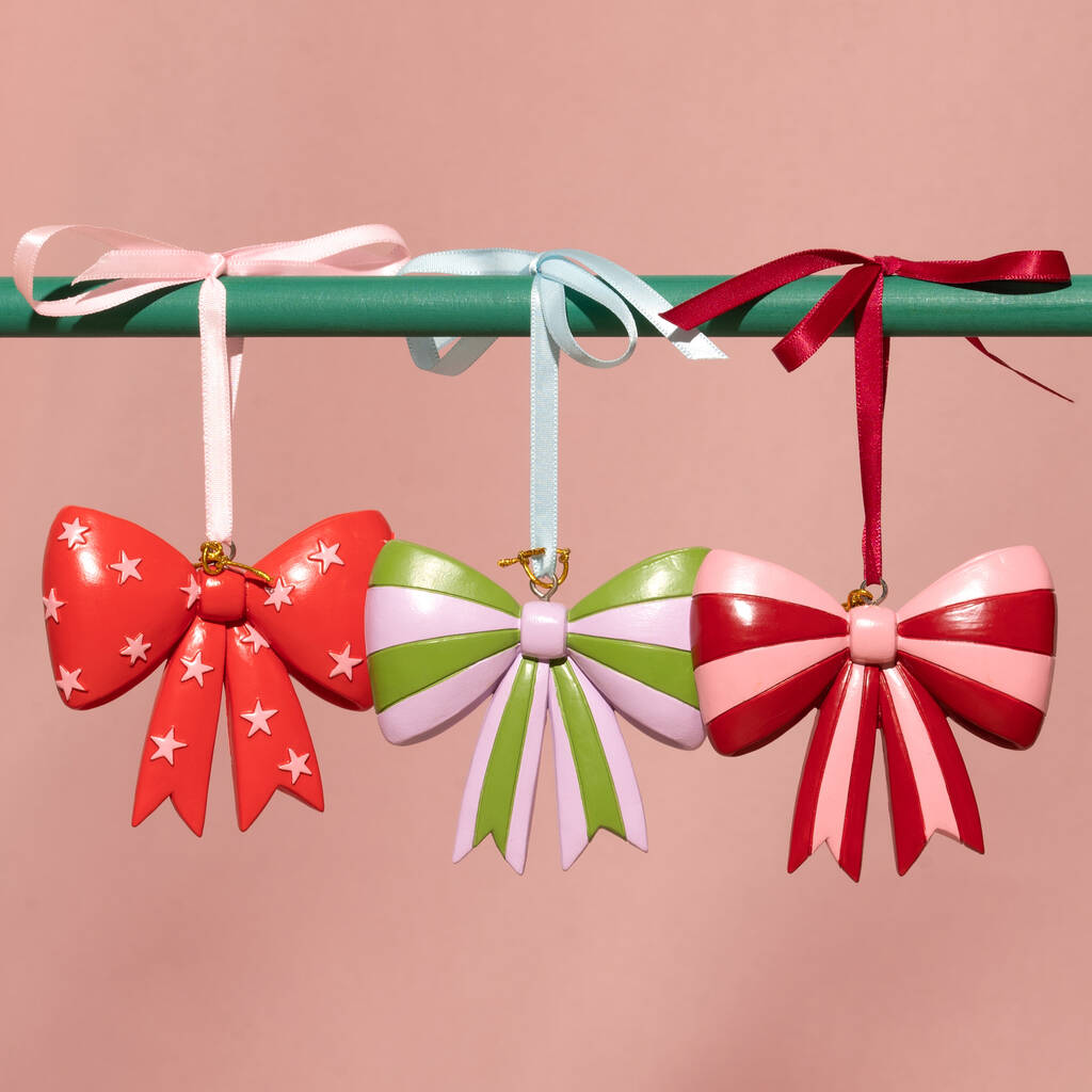 Set Of Three Resin Bow Christmas Decorations By Raspberry Blossom