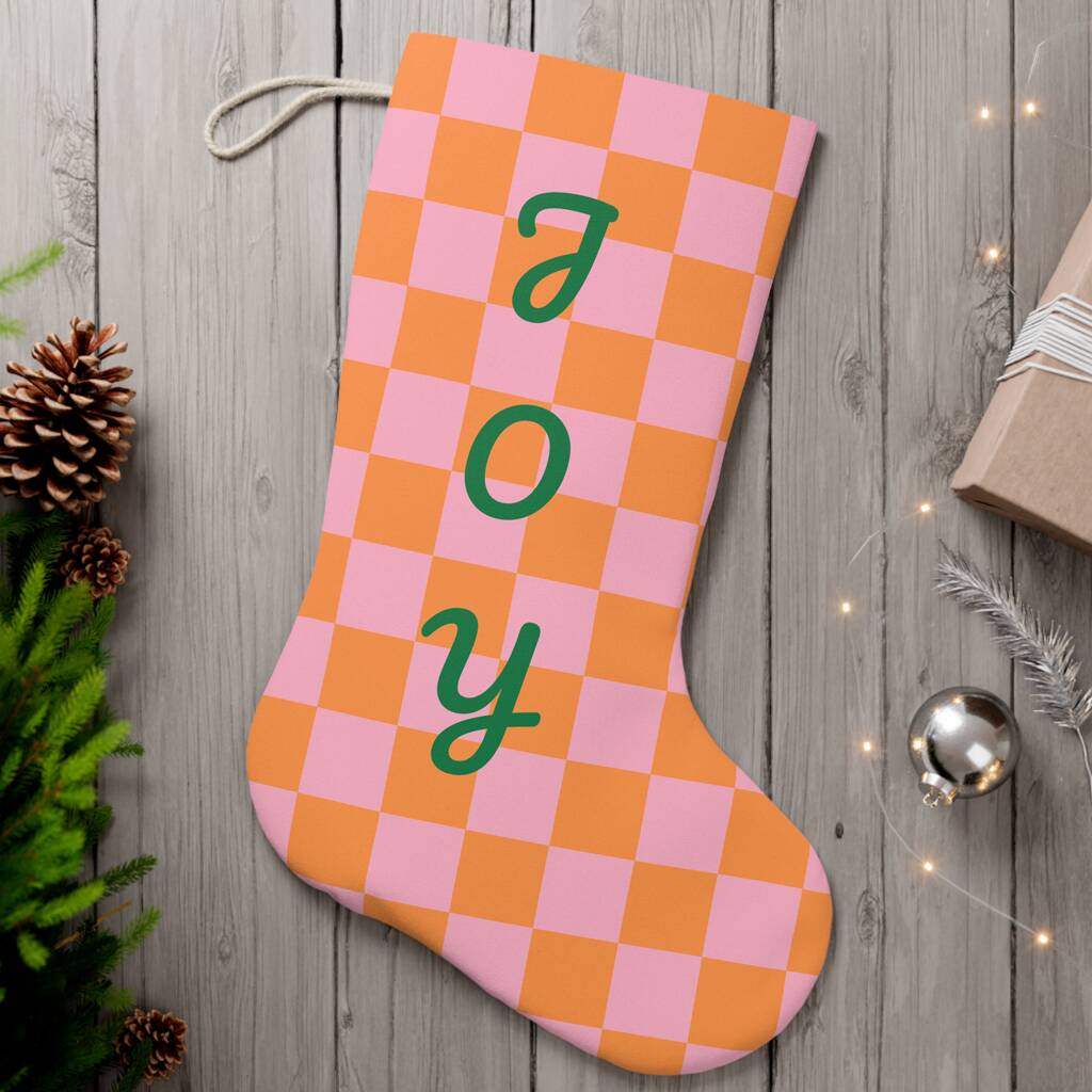 Orange And Pink 'Joy' Printed Christmas Stocking By Knotsy Brighton