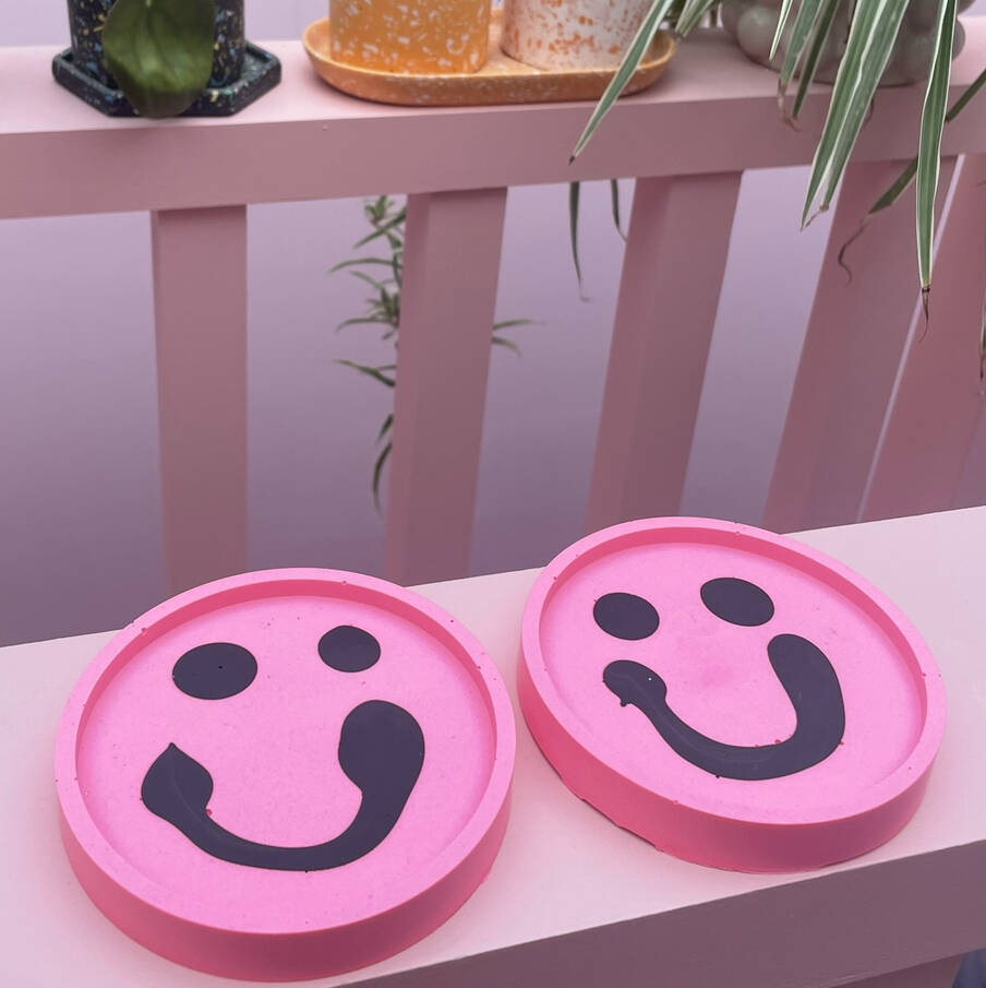 Smiley Face Coasters/ Trays Neon Pink Set Of Two By Made By Robyn ...