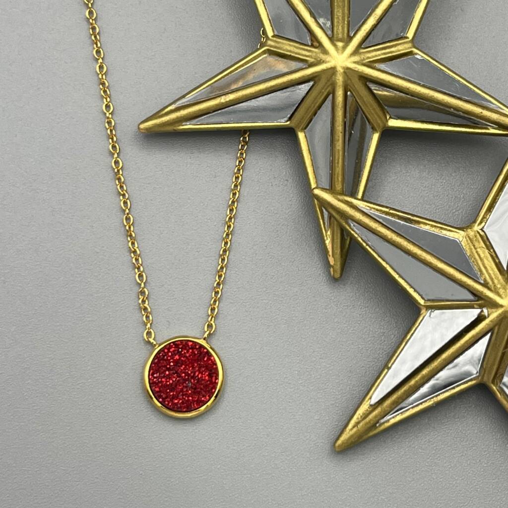 Round Red Druzy Crystal 18k Gold Plated Necklace By H.AZEEM London