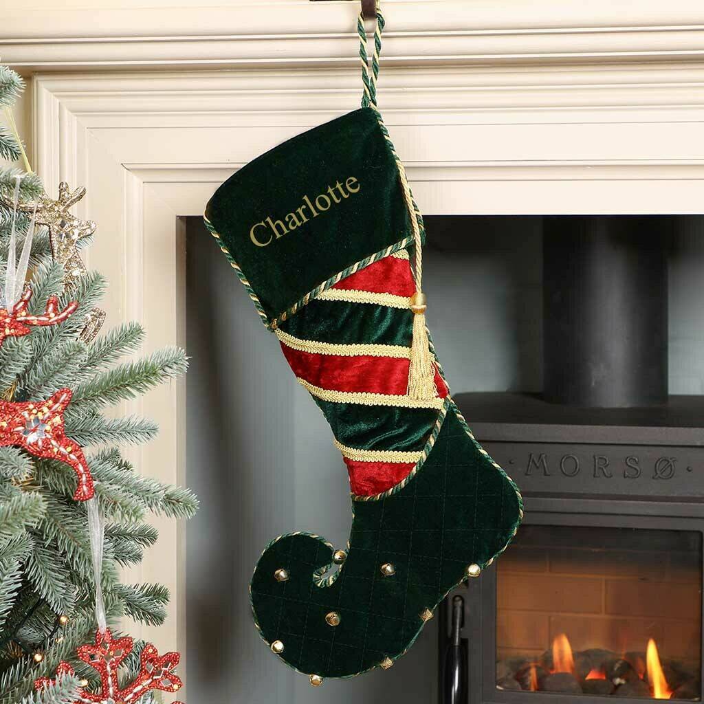 Personalised Green Velvet Jingle Bell Elf Stocking By Dibor ...