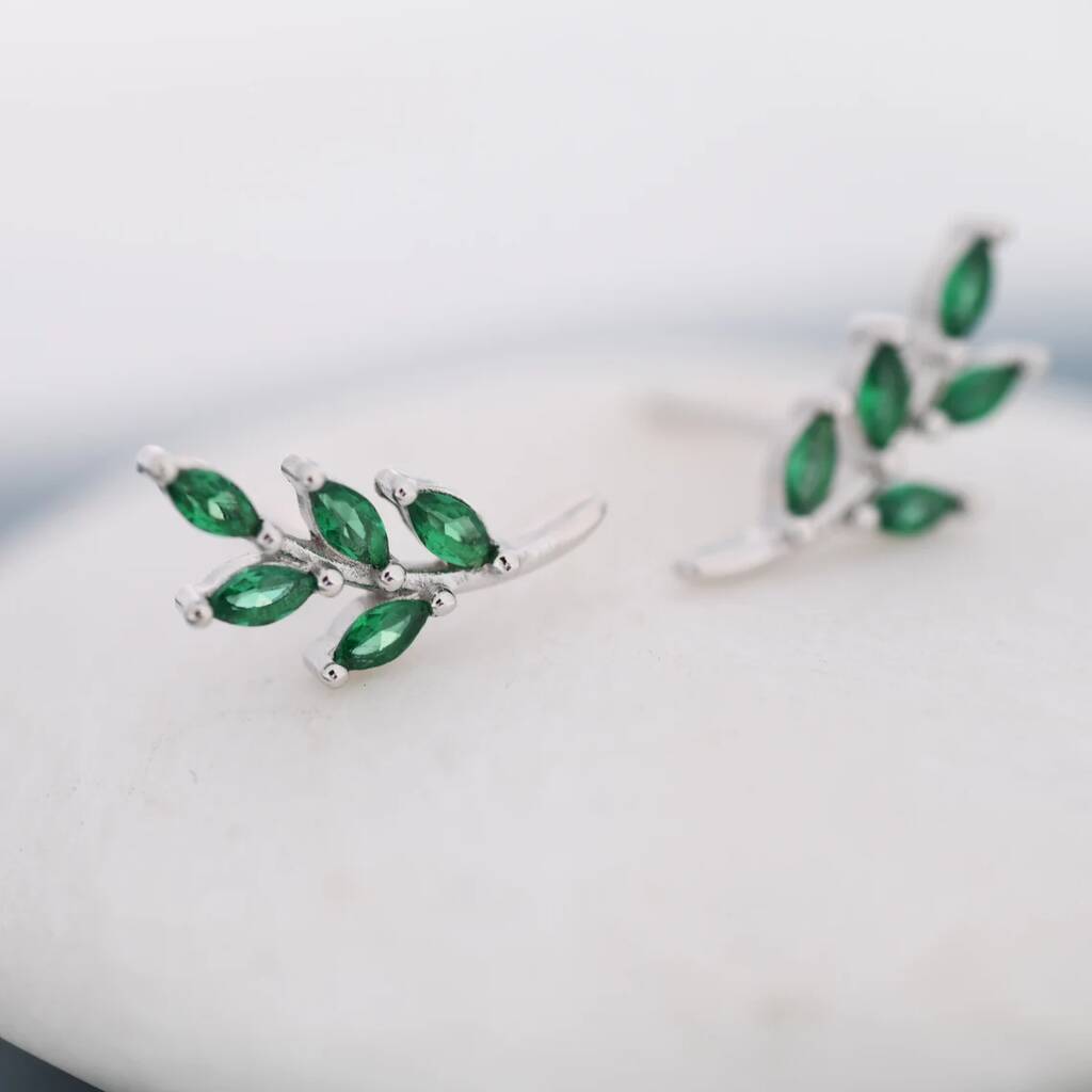 Emerald Green Leaf Stud Earrings In Sterling Silver By Silver Rain Silver
