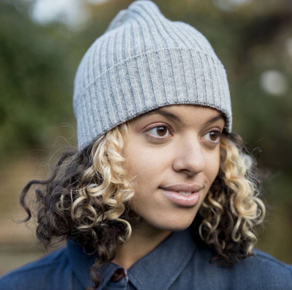 Miss Pompom Grey Wool Ribbed Beanie By Lowie