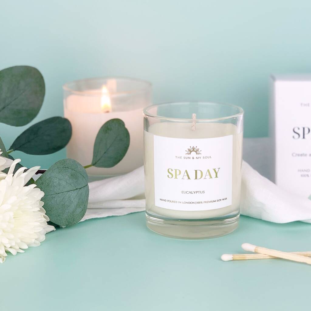 Spa Day Eucalyptus Scented Luxury Soy Wax Candle Gift By The Sun & My Soul