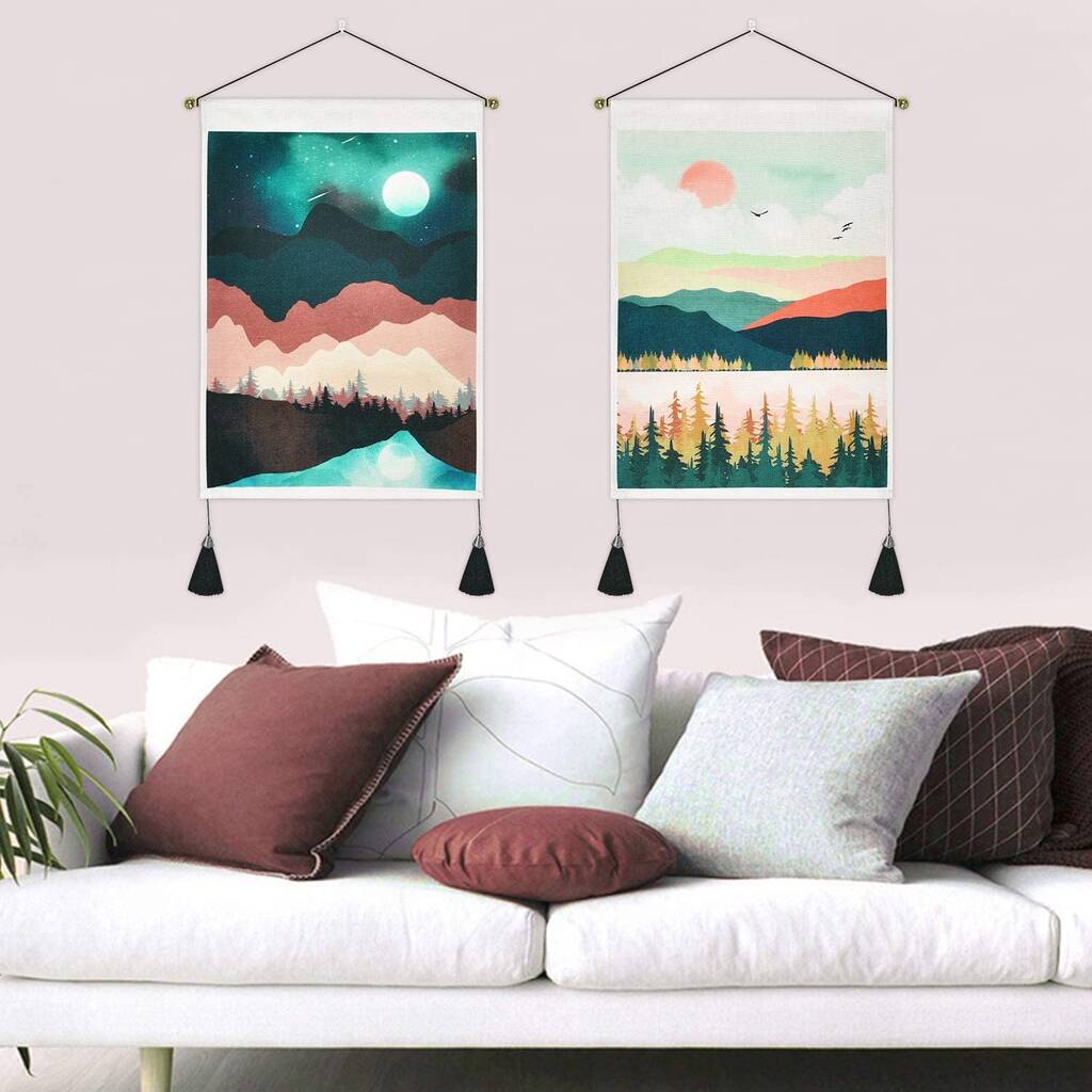 Set Of Two Wall Hanging Landscape Tapestries Tassels By Momentum