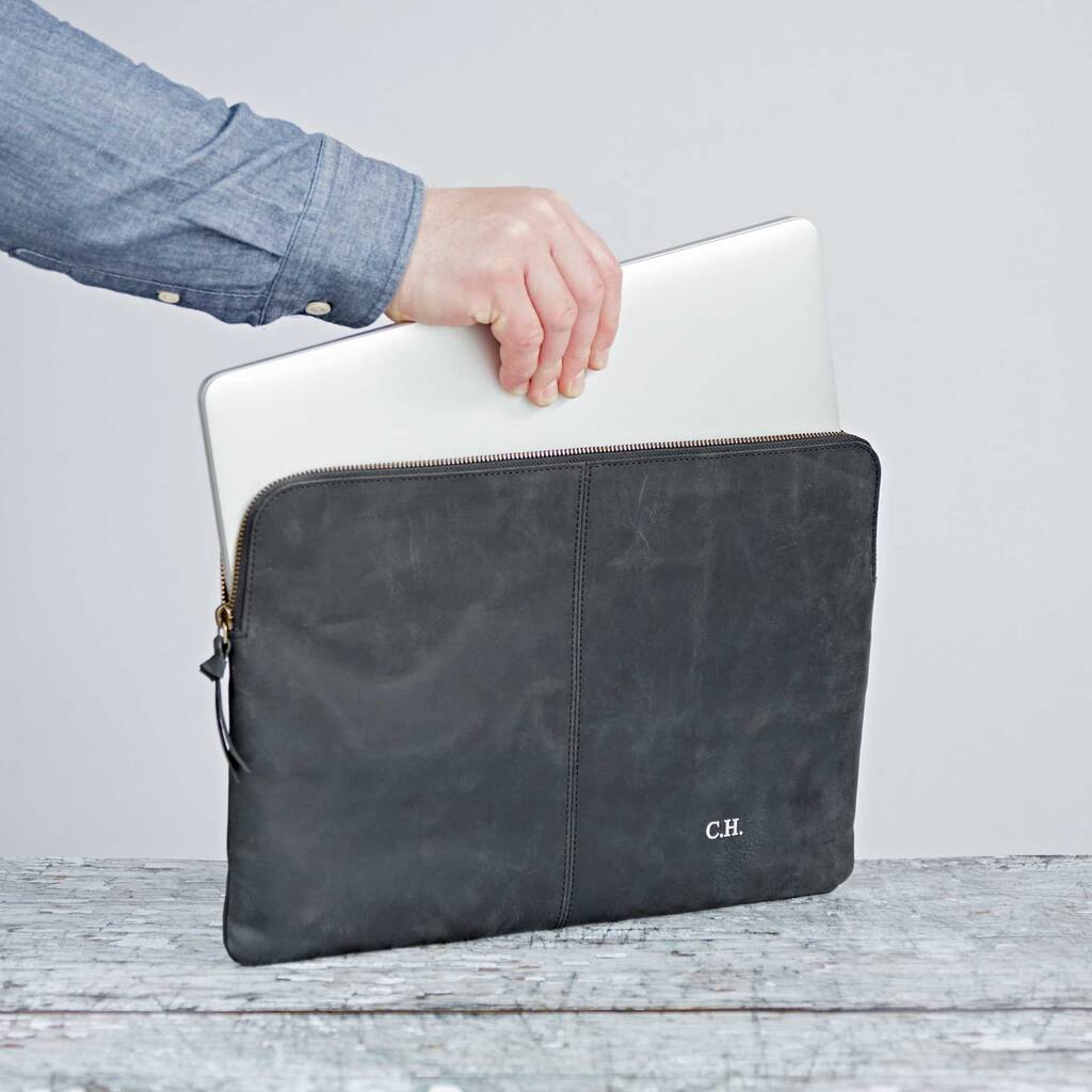 Personalised Black Buffalo Leather 14 Inch Laptop Case By Paper High ...