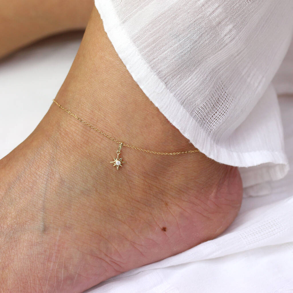9ct Solid Gold Trace Anklet Cz Starburst Charm By jewellerybox