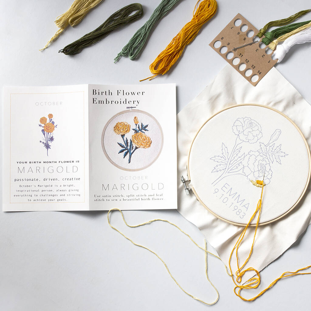 personalised birth flower month embroidery kit by studio hop ...