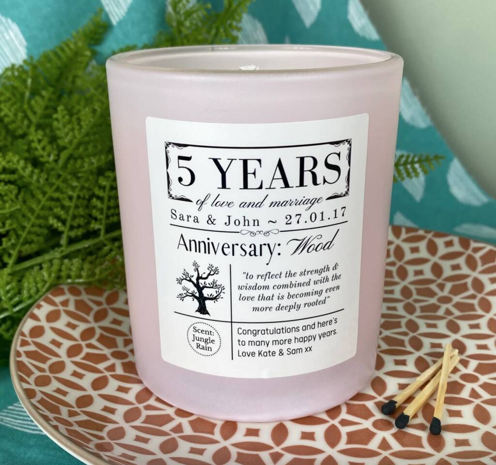 Personalised 5th Anniversary Wood Meaning Candle By The Fire Shack 