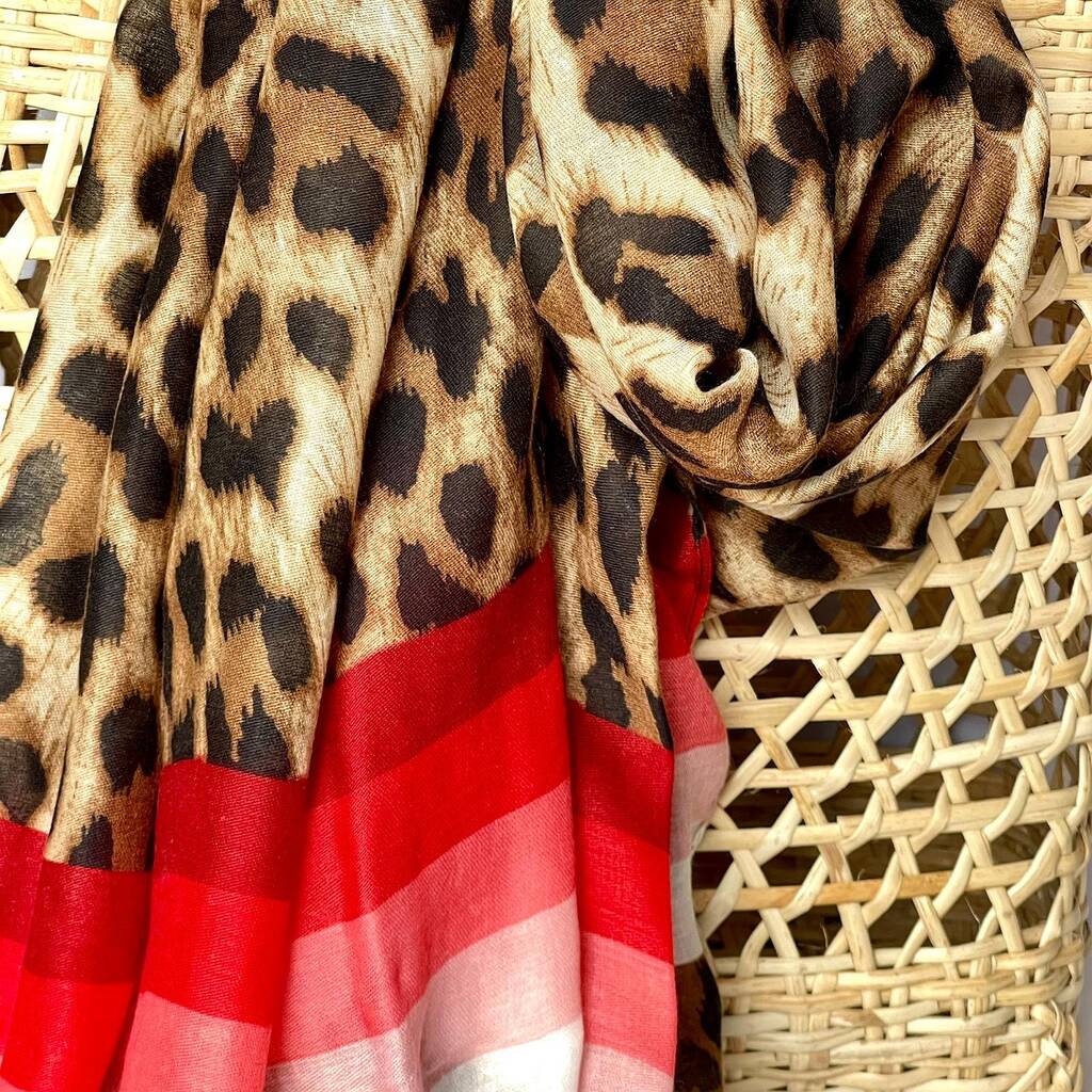 Leopard Print Scarf With Red Stripes By Nest Gifts