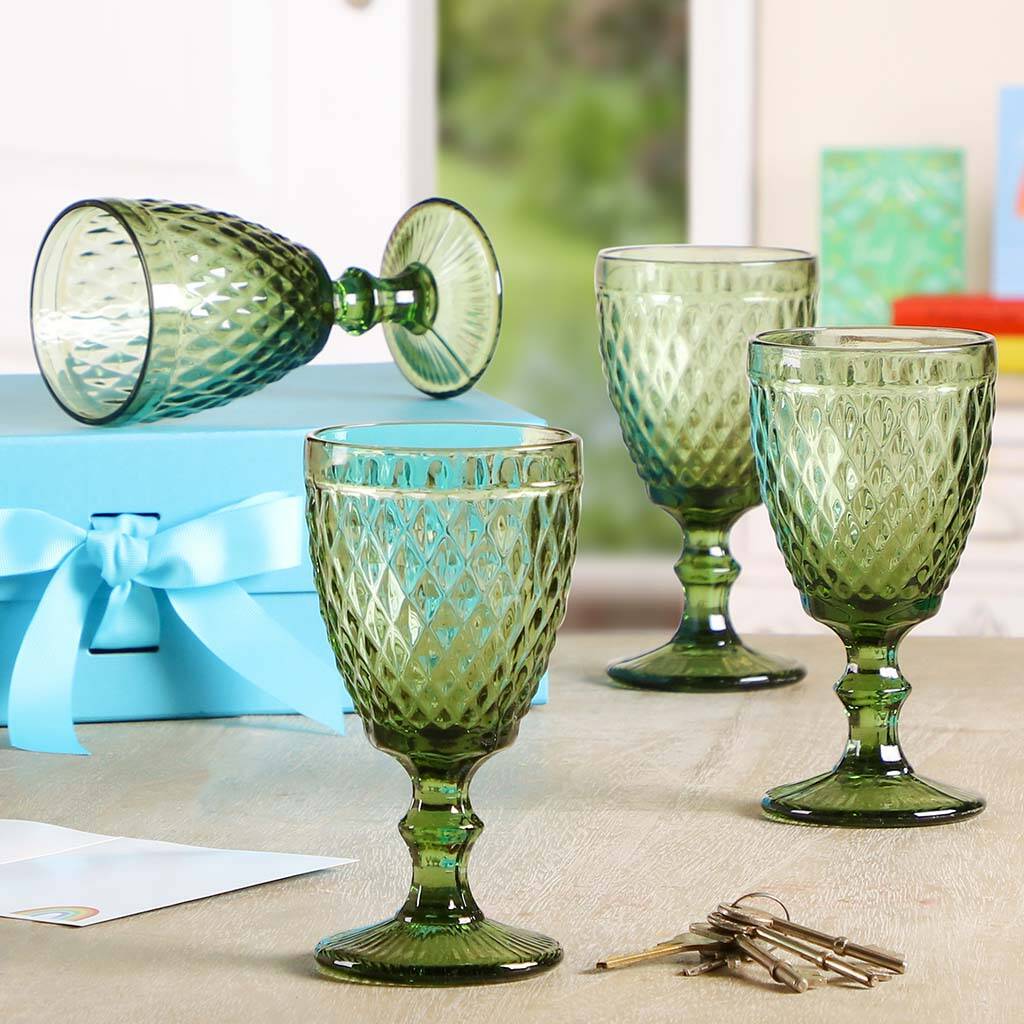 Set Of Four Botanical Green Alfresco Wine Goblets By Dibor ...