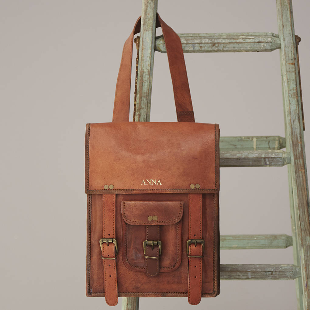 Personalised Brown Leather Satchel Style Rucksack By Paper High ...