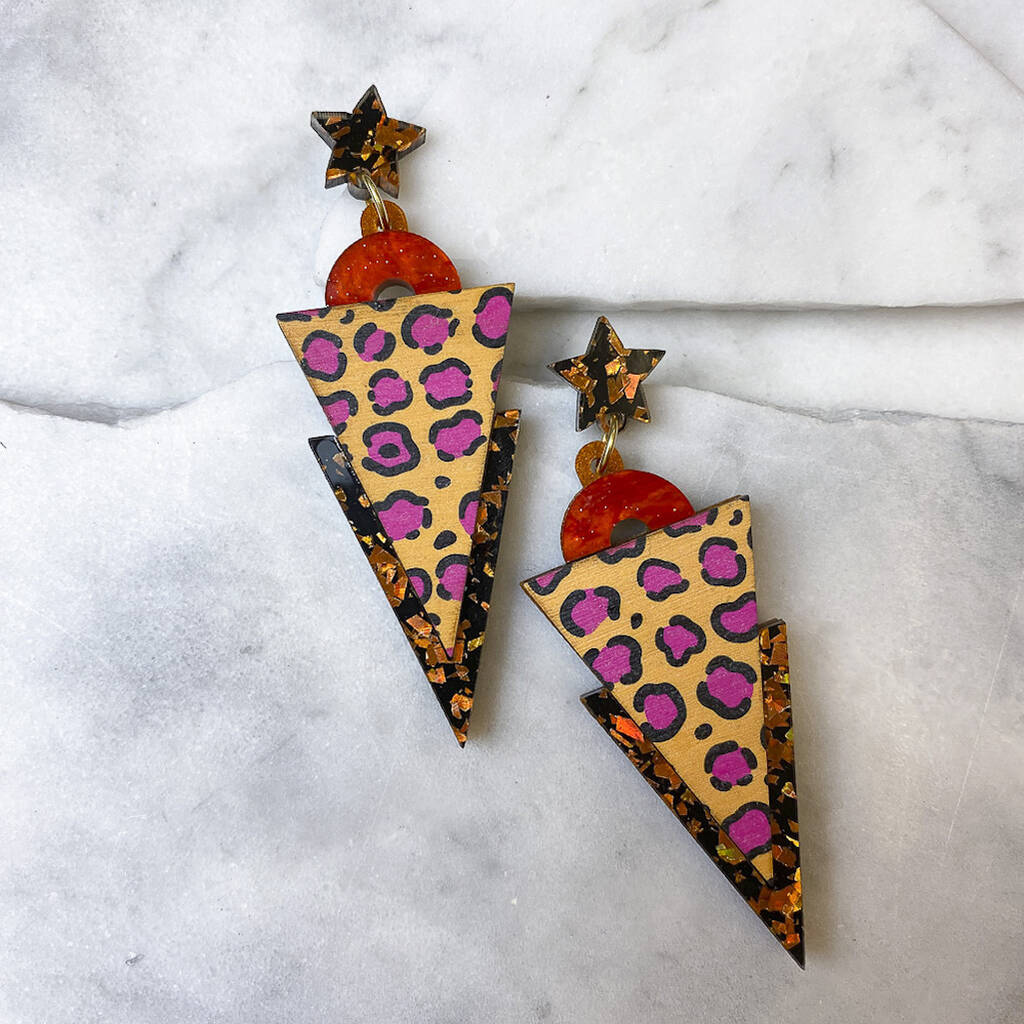 Wild Orange Leopard Print Triangle Drop Earrings By Esoteric London
