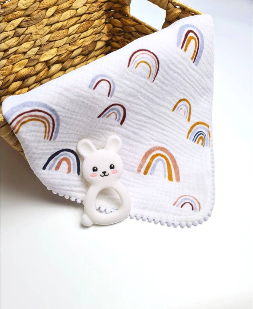 Set Of Two Pom Pom Rainbow Muslin Squares By BabyBells