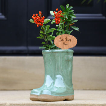 Personalised Green Ceramic Welly Boot Planter Set By Dibor ...