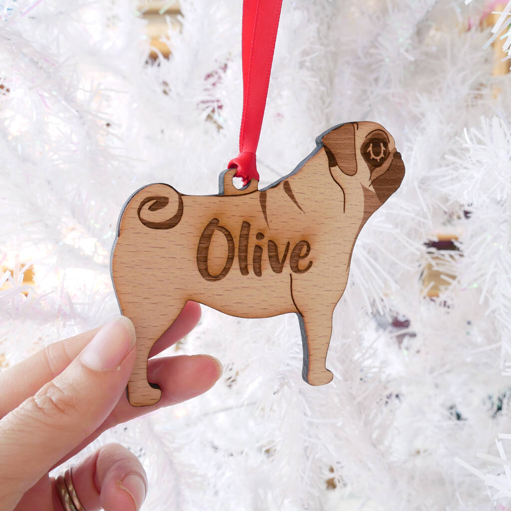 personalised pug wooden tree decoration by hoobynoo ...