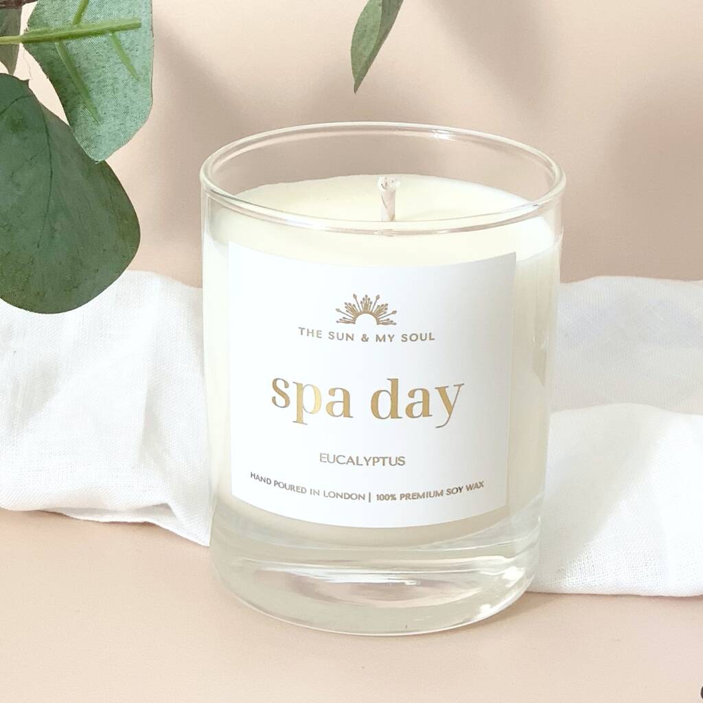 Spa Day Eucalyptus Scented Luxury Soy Wax Candle Gift By The Sun & My Soul