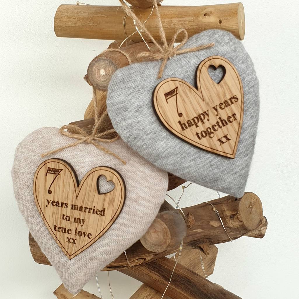 7th Wedding Anniversary Wool Heart With Oak Message By Little Foundry 