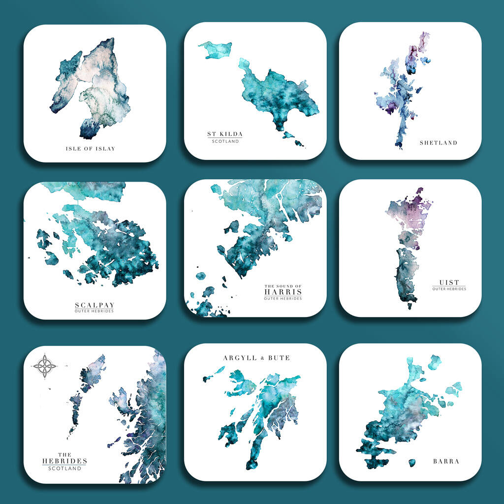 Scottish Islands Watercolour Map Table Coaster Six Set By EJayDesign