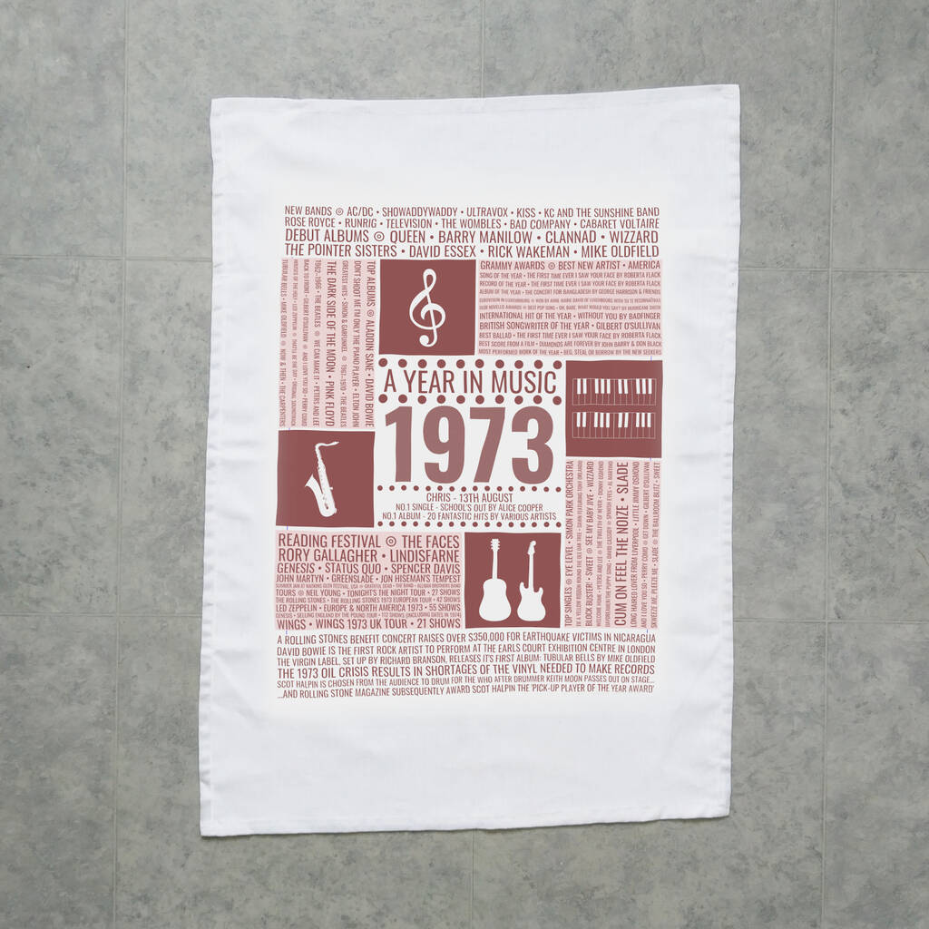 Personalised 50th Birthday Tea Towel Gift 1973 Music By elevencorners