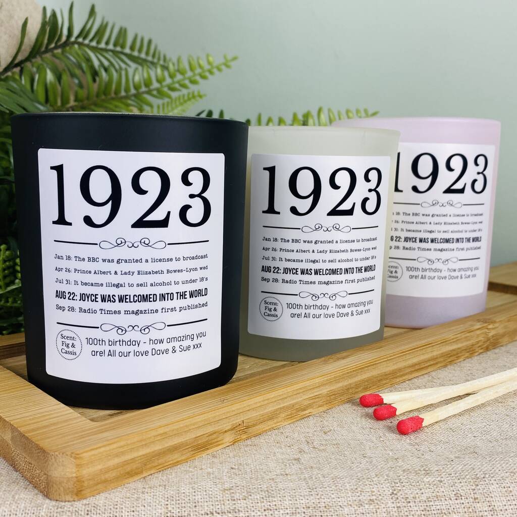 Personalised 100th 1923 Timeline Birthday Candle By The Fire Shack