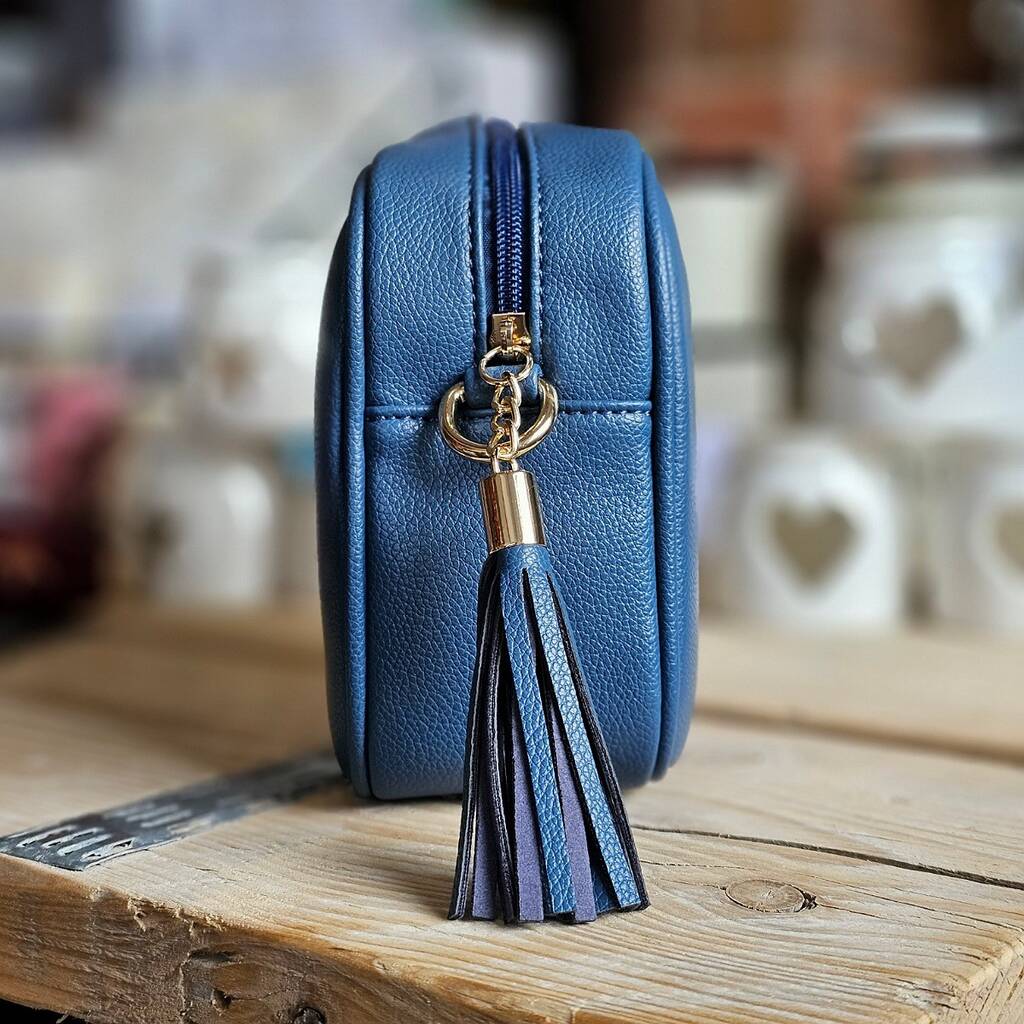 Single Zip Cross Body Bag With Tassel In Dark Blue By Nest Gifts