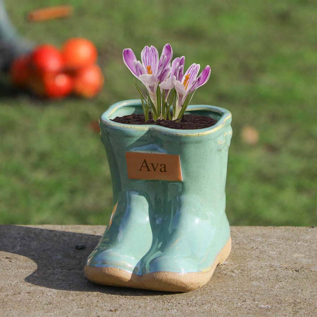 Personalised Green Ceramic Welly Boot Planter Set By Dibor ...