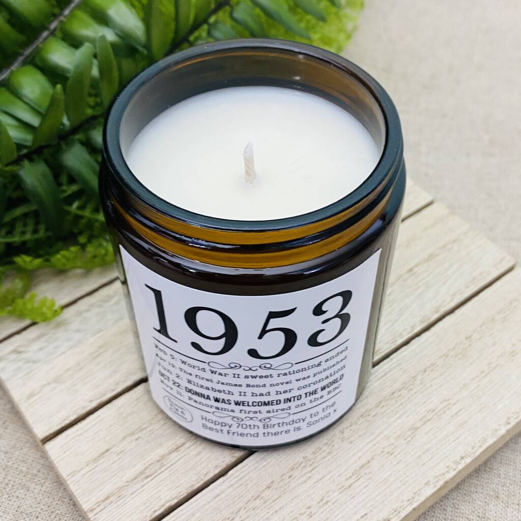 Persoanlised 70th 1953 Timeline Amber Candle By The Fire Shack