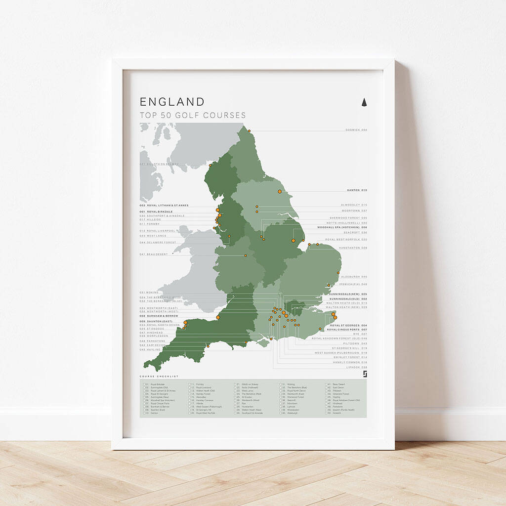 England Golf Map And Checklist Top 50 Courses Green By Replay Prints ...