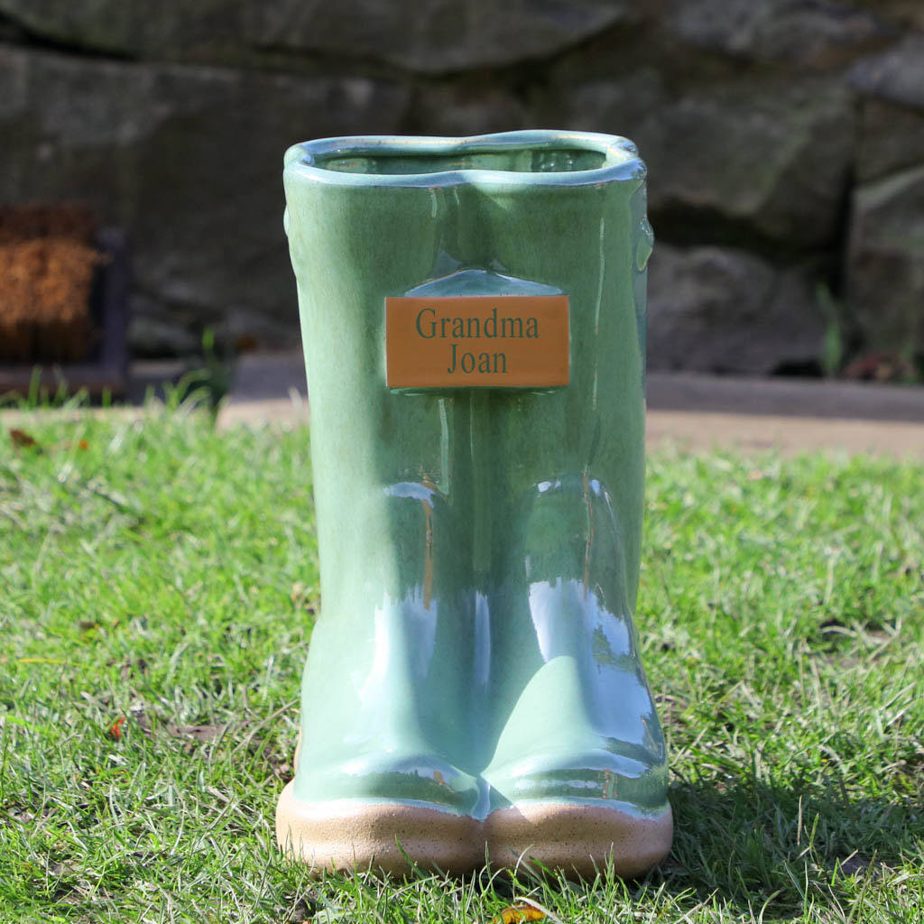 Personalised Green Ceramic Welly Boots Planter By Dibor ...