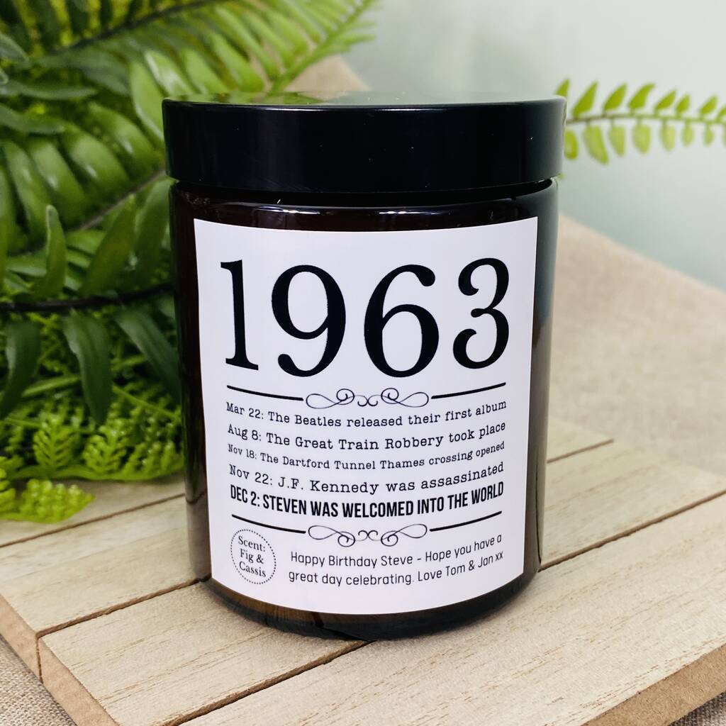 Personalised 60th 1963 Timeline Birthday Amber Candle By The Fire Shack