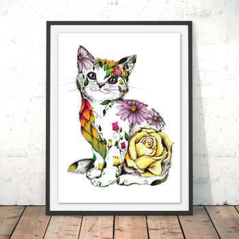 Rosie The Floral Cat Fine Art Print By Wraptious | notonthehighstreet.com