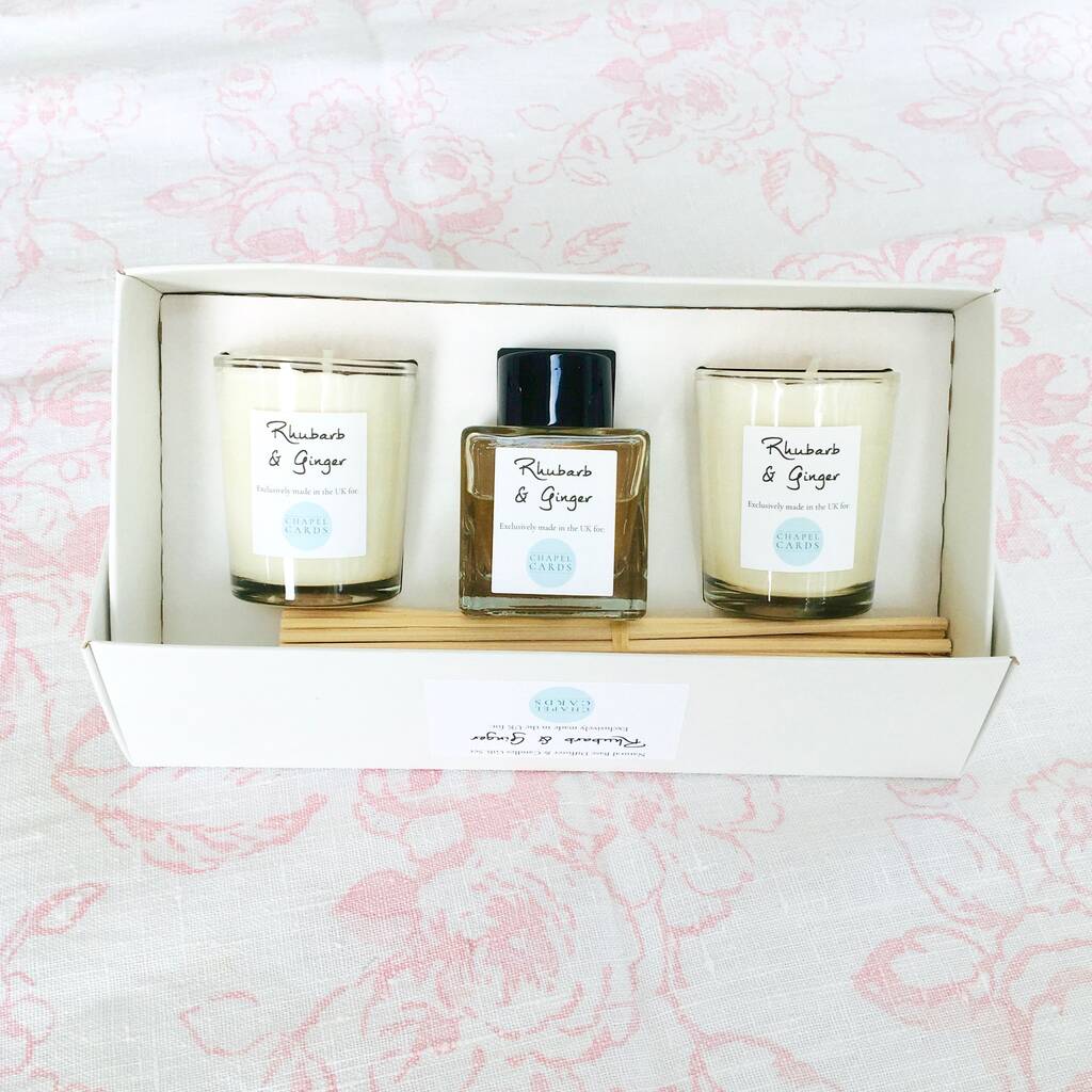 Rhubarb And Ginger Candles And Reed Diffuser Gift Set By Chapel Cards