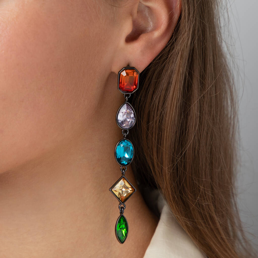 Multi Colour Long Drop Crystal Earrings By Brand X