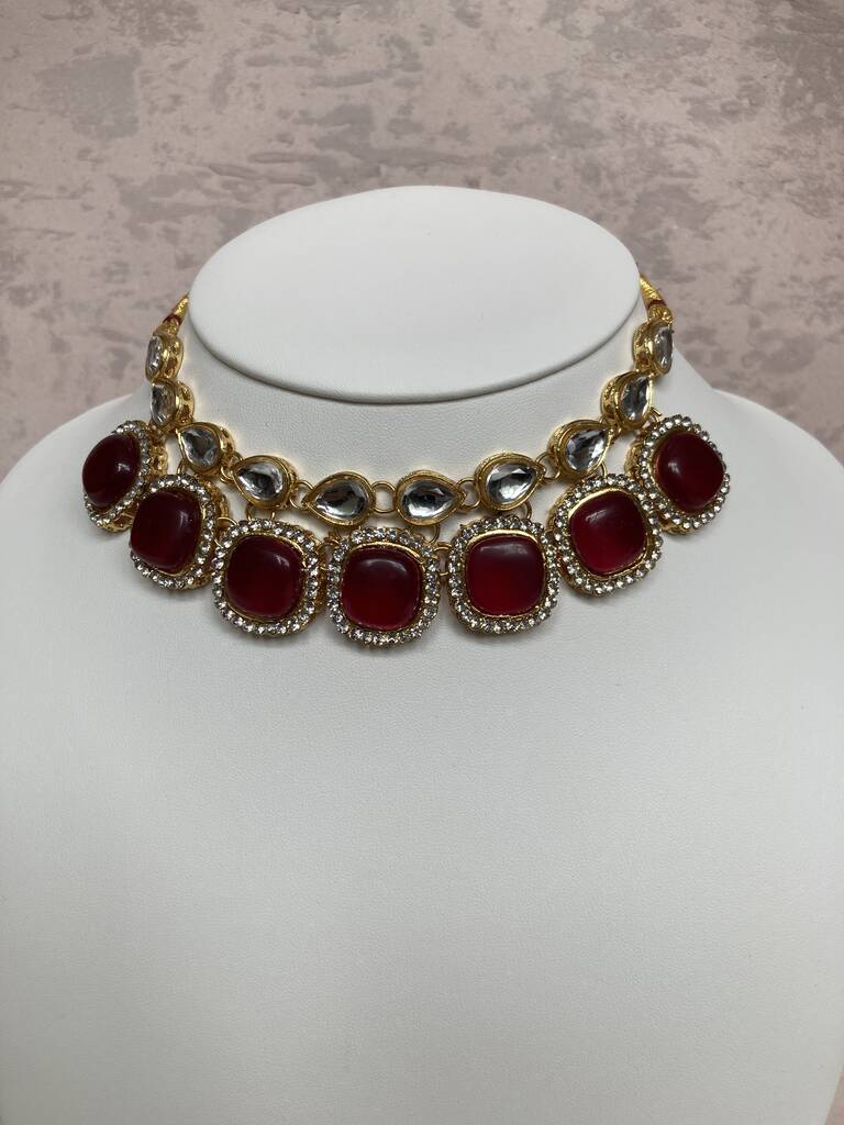 Maheen Gold Plated Crystal Stone Set Maroon By SRCOLLECTION