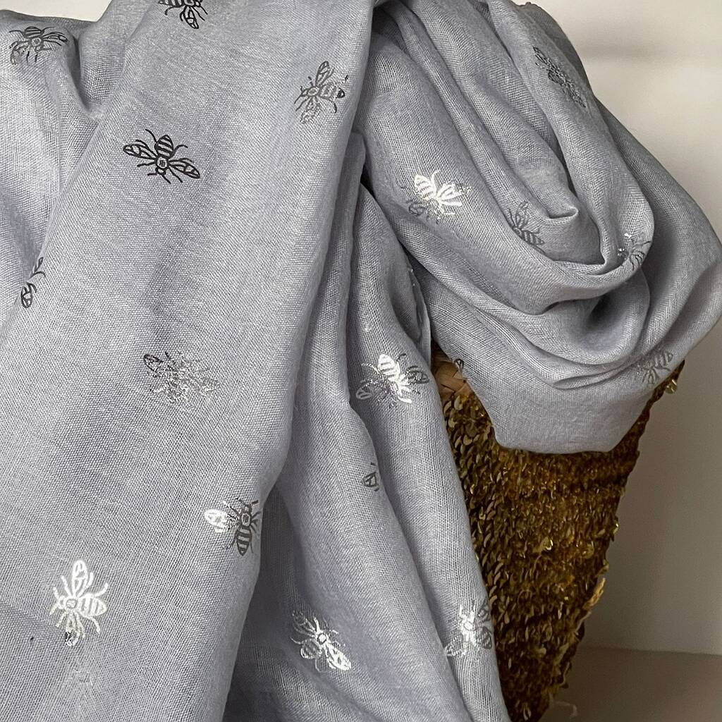 Silver Bee Print Scarf In Stone Grey By Nest Gifts