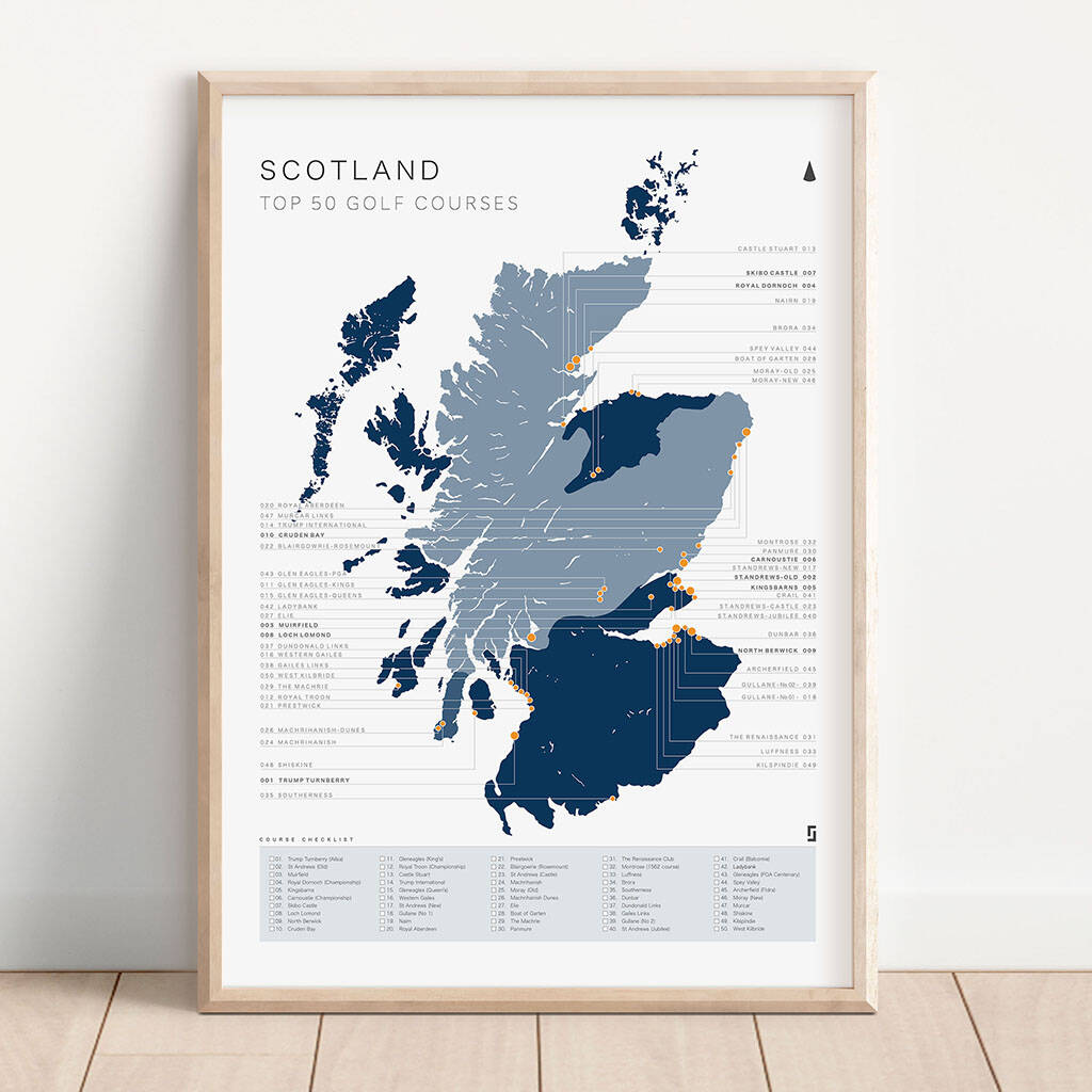 Blue Scotland Golf Course Map And Checklist Top 50 By Replay Prints ...
