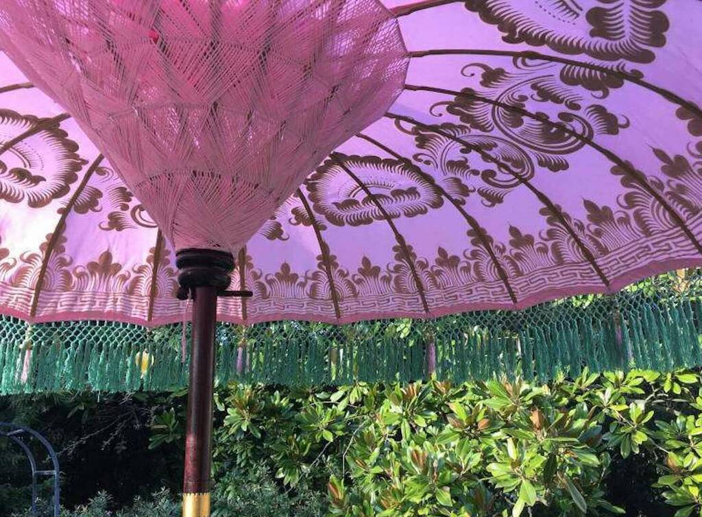 Hand Painted Pink And Green Fringed Garden Parasol By The Little Top ...