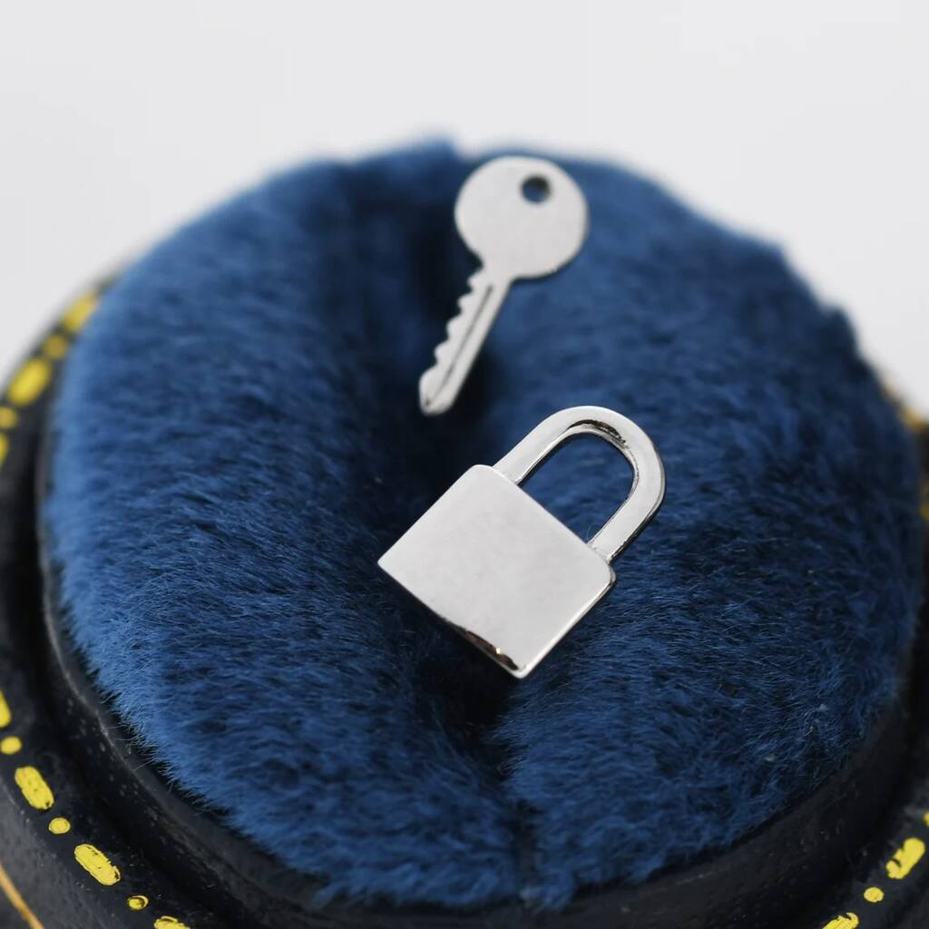 Key And Lock Mismatched Stud Earrings Sterling Silver By Silver Rain Silver