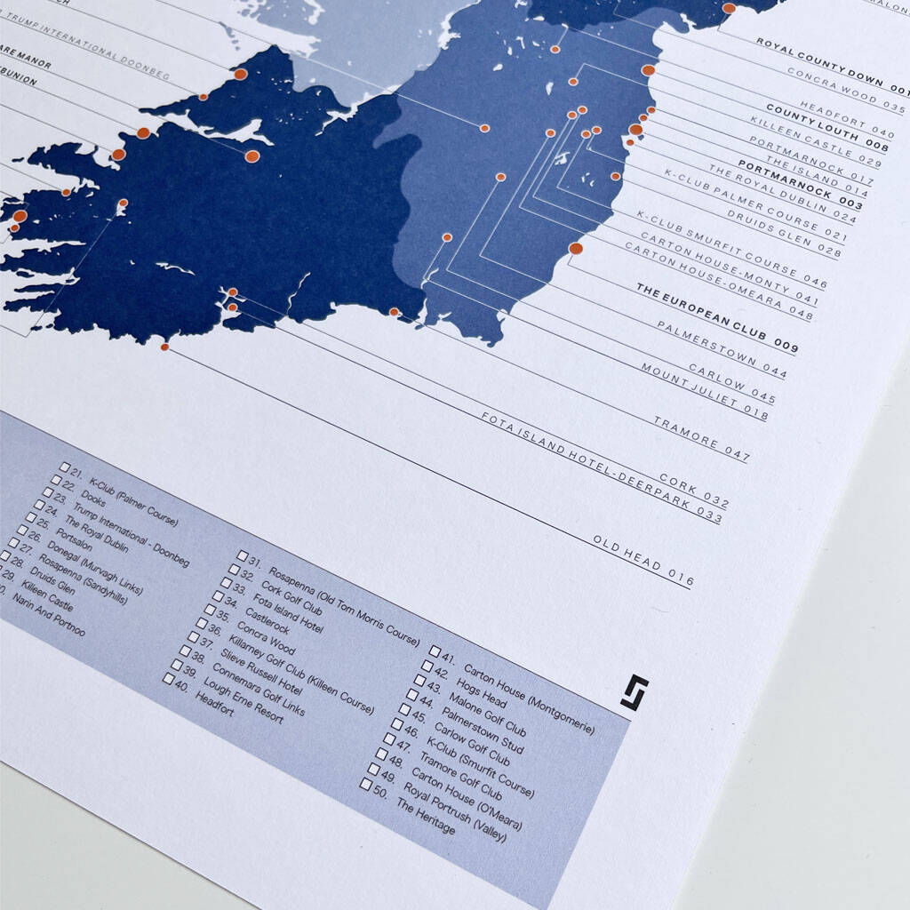 Blue Ireland Golf Course Map And Checklist Top 50 By Replay Prints ...