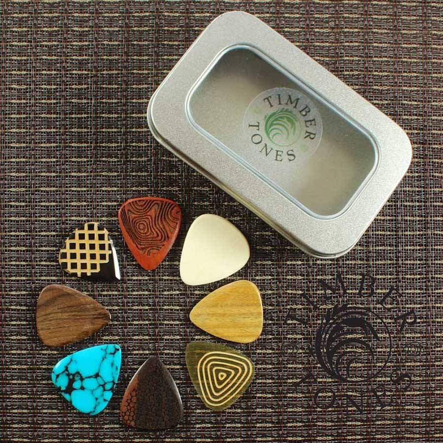 electric guitar tin of eight guitar picks / plectrums by timber tones ...