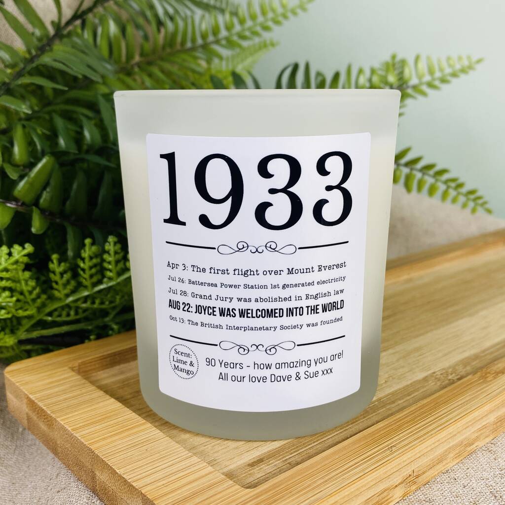 Personalised 90th 1933 Timeline Birthday Candle By The Fire Shack