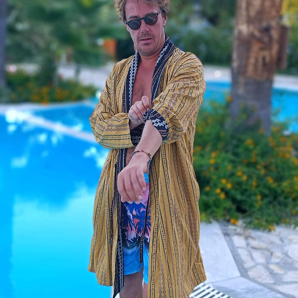 Men's Cotton Dressing Gown Kimono 'Kernel Mustard' By Verry Kerry