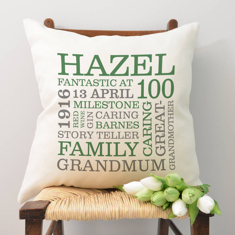 personalised 100th birthday word art cushion by a type of design ...